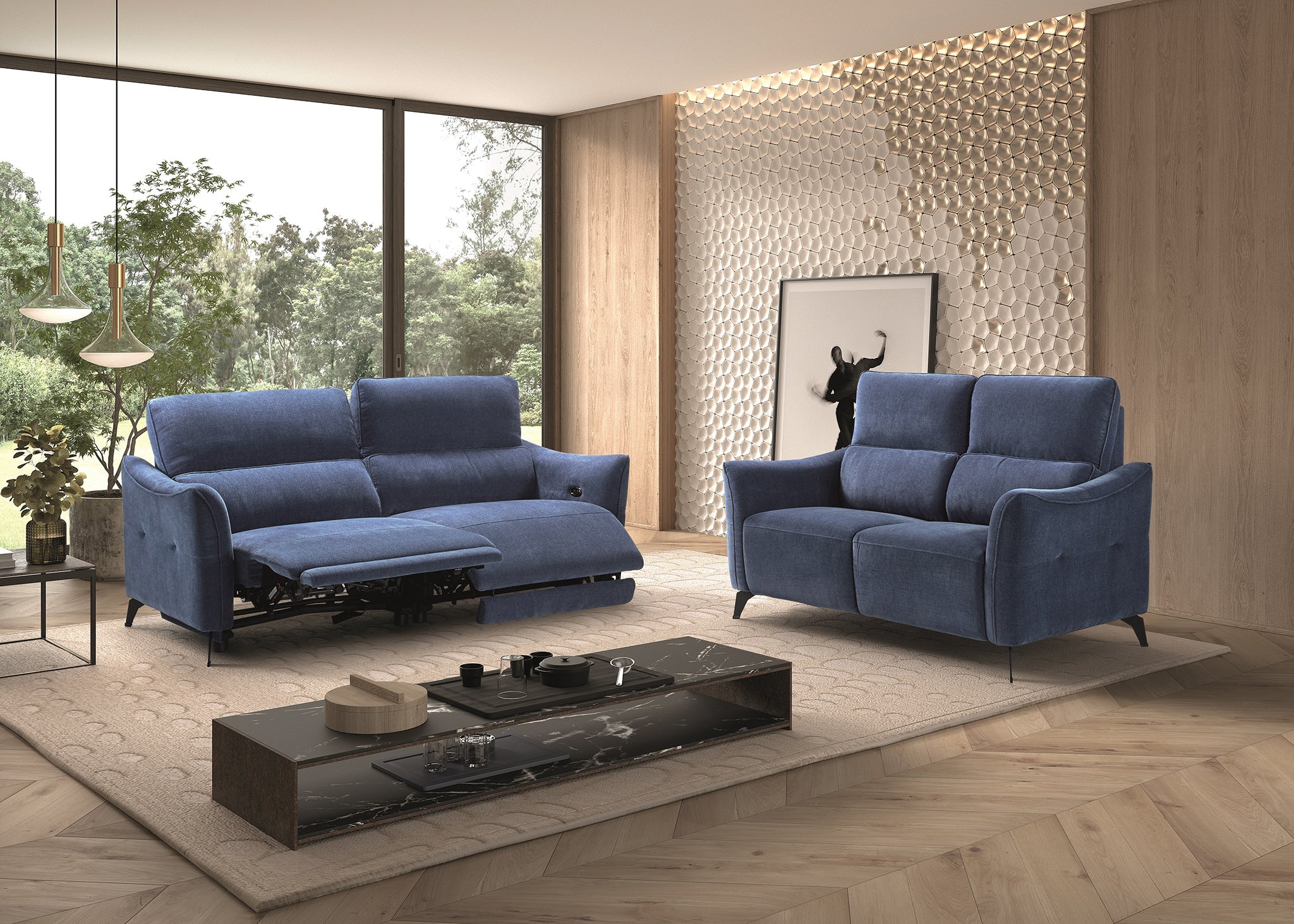 Canapé 3 places avec 2 relax | Chicago Bleu – Bois & Chiffons